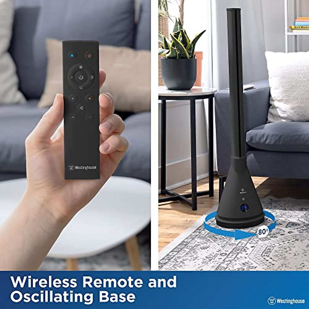 Westinghouse All Season Electric Fan 40 Inches With Heater | Minimalist Heated Bladeless, Oscillating With Remote Control (Black)