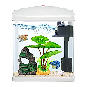 Fish Tank with Filter and Light Self Cleaning System Including Mountain Cave and Leaf Decoration Rimless Aquarium Low Iron Glass 2 Gallon Small Betta Fish Tank Clear Nano Fish Tank Starter Kit