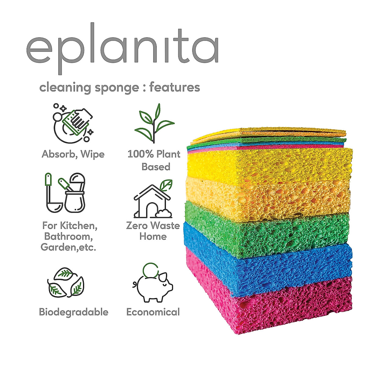EPLANITA Pop-Up Sponges (10 Pack) Natural Cellulose, Scratch-Free Cleaning for Kitchen & Bathroom, Washing Up, Eco Scrub, DIY Crafts