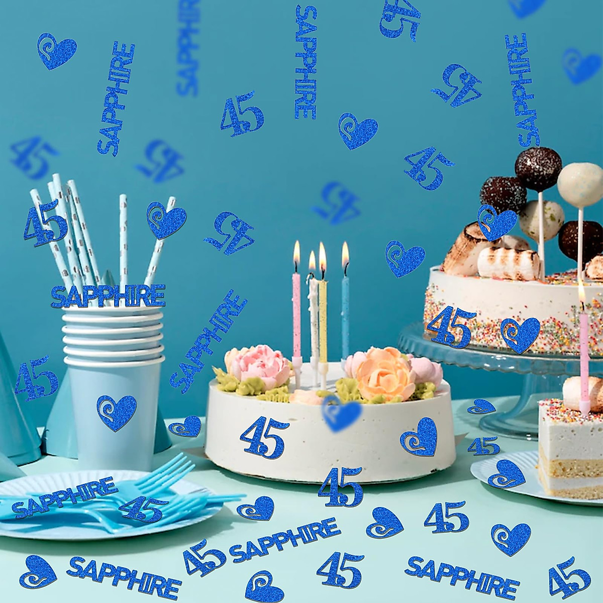 kreat4joy 45th Wedding Anniversary Decorations Confetti, Blue Happy 45 Sapphire Decorations, 200pcs Glitter Confetti Include Love Heart Confetti, Sapphire Confetti, 45 Confetti for Table Decor