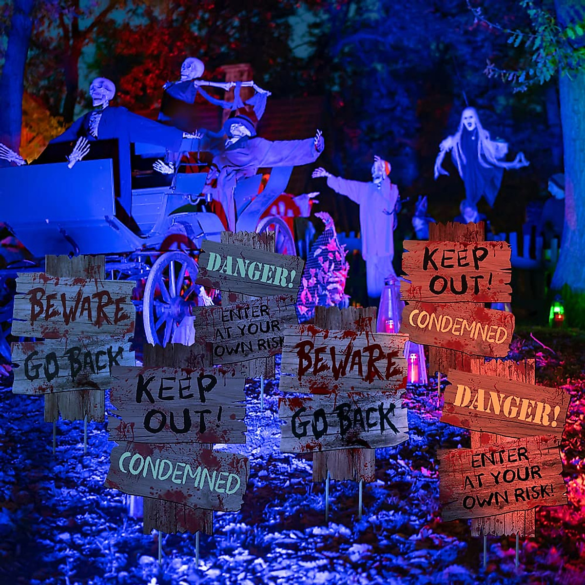 GABOSS Halloween Decorations Beware Signs Yard Stakes Outdoor Creepy Assorted Warning Sign,Scary Zombie Theme Party Decor Supplies,3 Pieces,16.5" x 12.2"