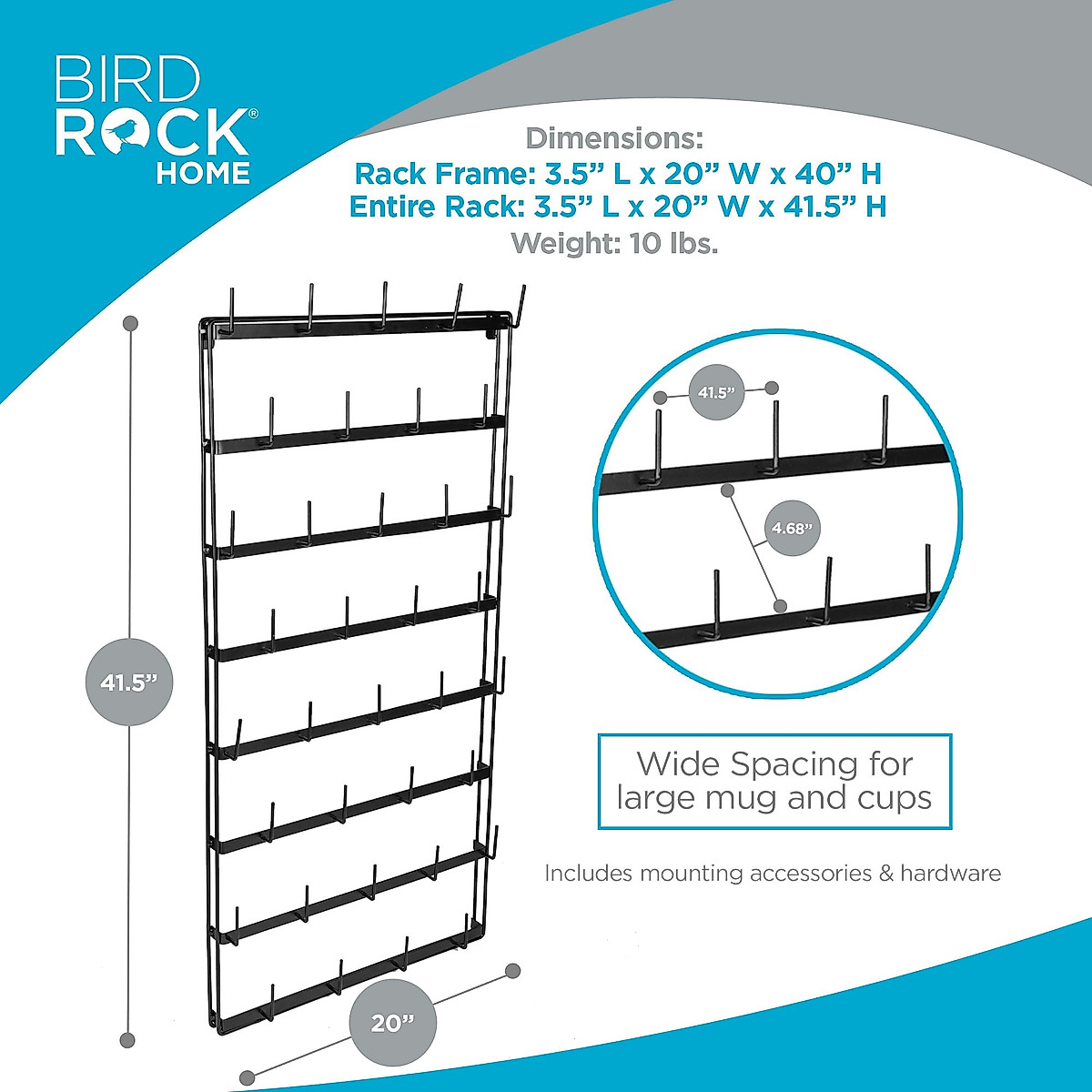 BirdRock Home 36 Peg Mug Rack for Wall - Coffee Tea Cup Glass Storage Holder - Coffee Bar Display Décor - Decorative Kitchen Organizer - Heavy Duty Rack - Flat Black Metal Steel