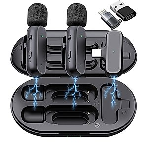 2 Pack Professional Wireless Lavalier Microphone for Android, iPhone iPad with Adapter Included Noise Reduction Plug-Play Clip on Lapel Mic for YouTube, Recording, Vlog, Facebook Live Streaming