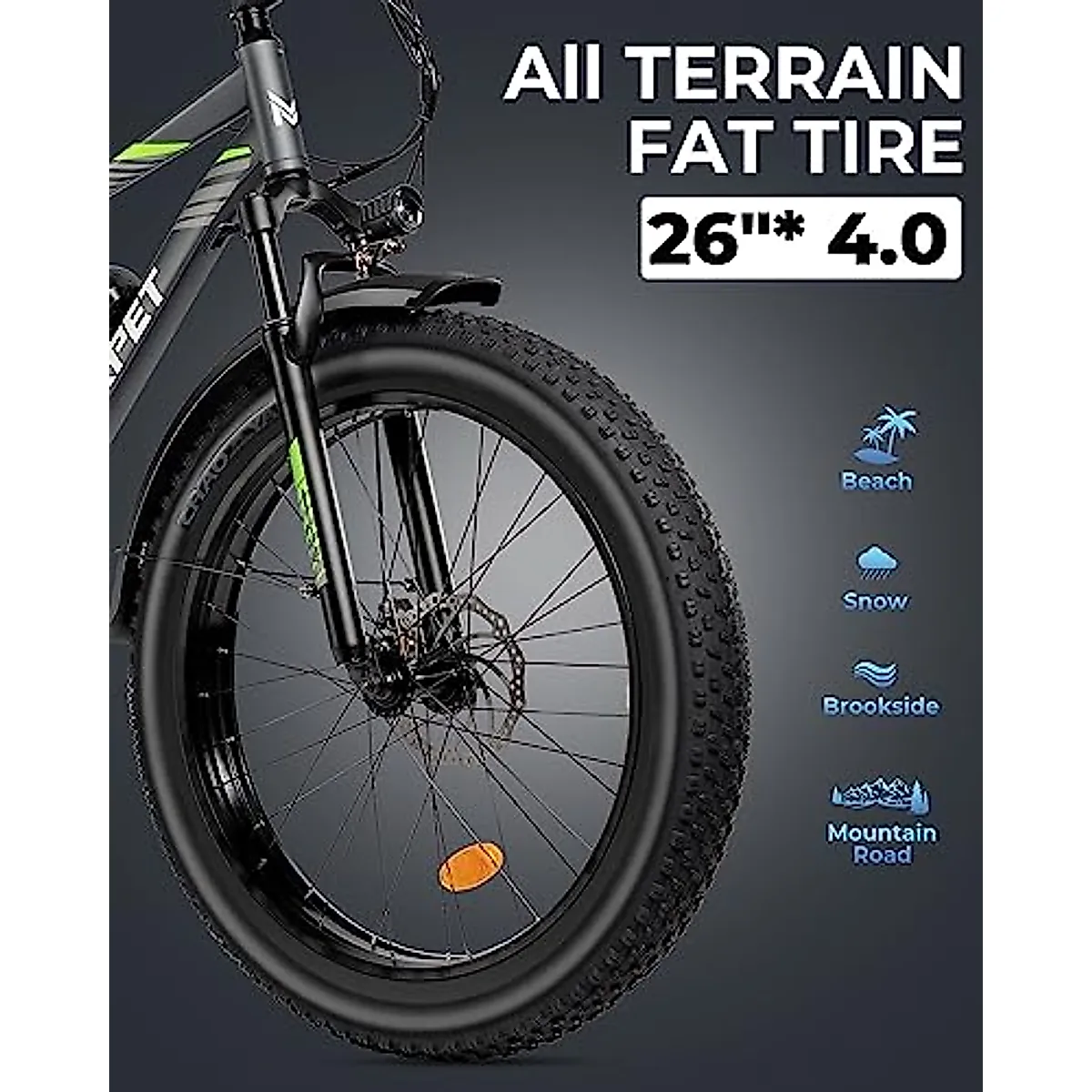 Mukkpet Suburban 750W Electric Bike for Adults 26'' * 4.0 All Terrain Tire Electric Mountain Bikes 48V 15AH BMS Removable Lithium Battery Electric Bicycle Shimano 7-Speed Electric Bike, Standard…