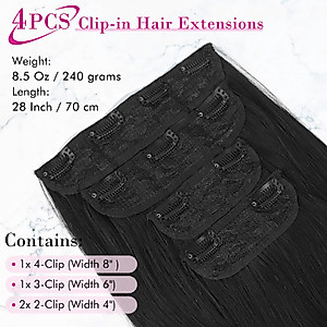 REECHO 28" Straight Super Long 4 PCS Set Thick Clip in on Hair Extensions Natural Black