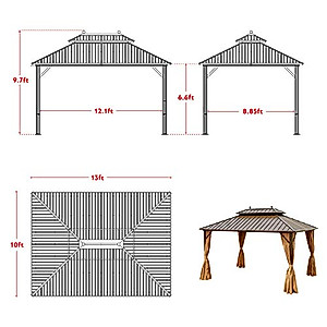 MELLCOM 10' X 13' Hardtop Gazebo, Galvanized Steel Vertical Stripe Double Roof Outdoor Gazebo, Aluminum Frame Metal Gazebo with Netting and Curtains for Patios, Gardens, Lawns