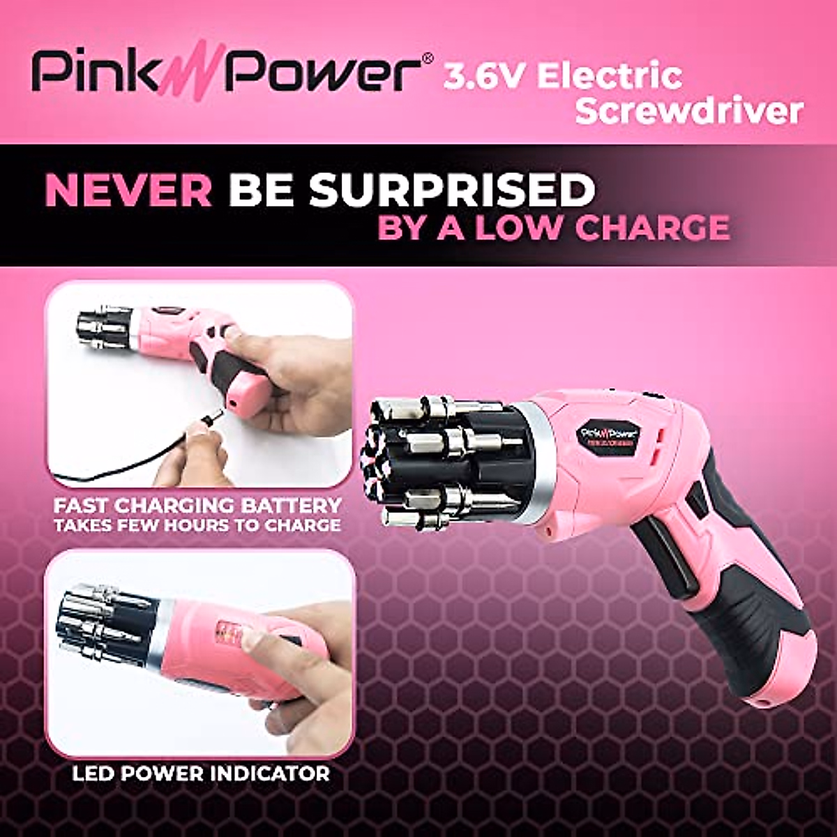 Pink Power 3.6 Volt Rechargeable Cordless Electric Screwdriver Set with Bubble Level - Pink Tool Set for Women Power Tools