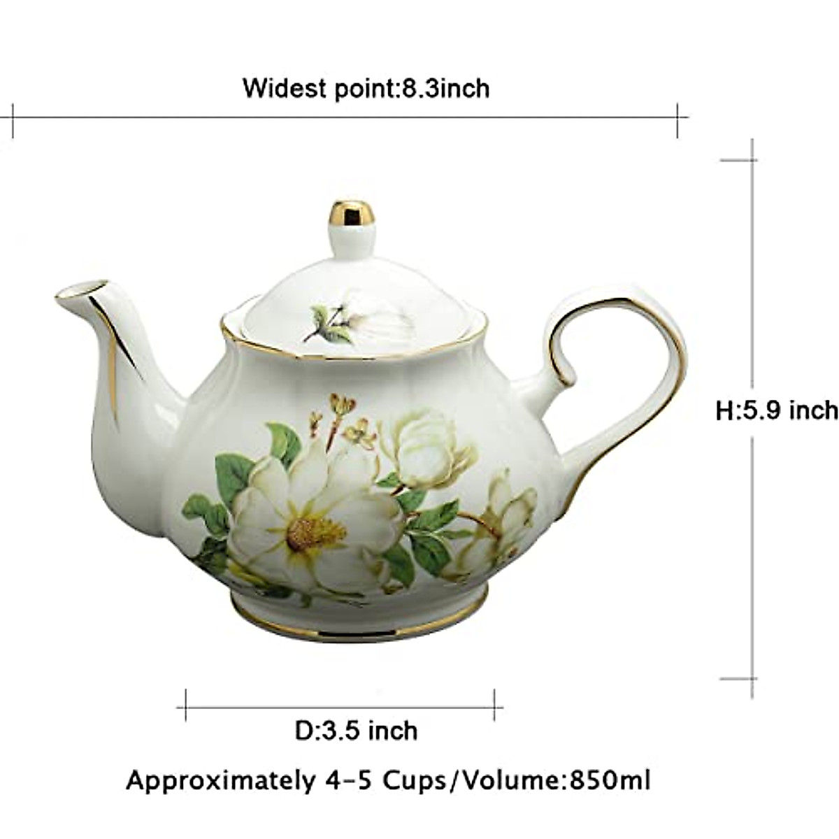 Jomop Ceramic Tea Pot Floral Design White 3-4 Cups 850 ml (Green)