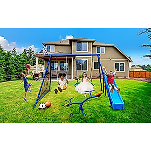 Fitness Reality Kids 6 Station Sports Metal Swing Set for Backyard with Slide Seesaw, Saucer Swing, Basketball Hoop, and Soccer Rebounder (8413)