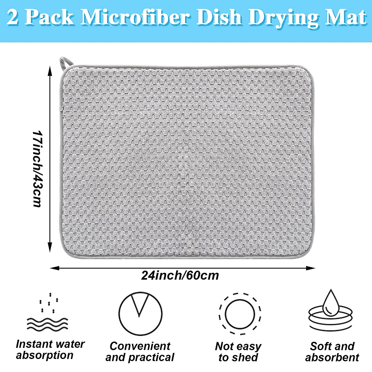 2 Pack Microfiber Dish Drying Mat,24*17 inch Absorbent Dish Drainer Kitchen Counter,Large Size Dish Drying Pad for Countertops,Sinks,Draining Racks(Gray)