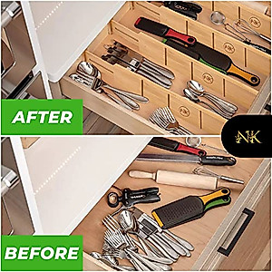 NK Home Goods Expandable Bamboo Drawer Divider (17x22 in), Adjustable Kitchen Organizer for Office, Home, and Closets. 4 Dividers 6 Inserts. (Free 12x24 Liner)
