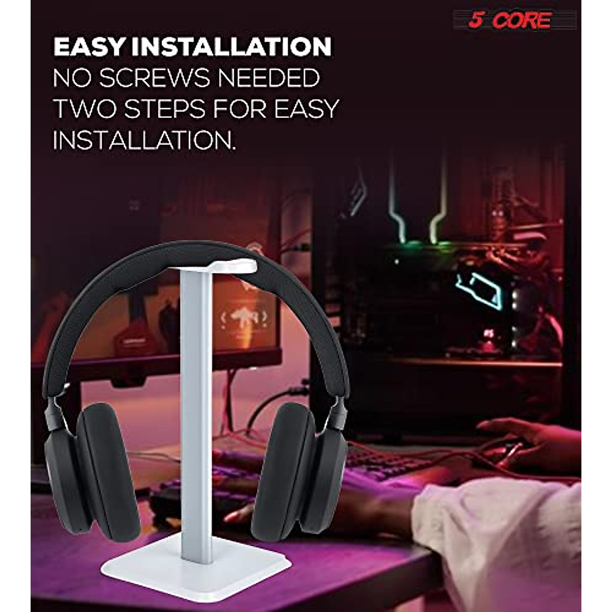 5 CORE Headphone Stand Headset Holder with Aluminum Supporting Bar Flexible ABS Solid Base for All Headphones Size HD STND (White)