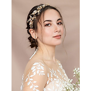 SWEETV Handmade Wedding Headpieces for Bride Hair Accessories Flower-Leaf Bridal Headband Rose Gold Wedding Hair Piece