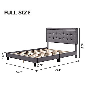 Senfot Full Size Bed Frame, Modern Upholstered Platform Bed with Button Tufted Headboard, Heavy Duty Metal Foundation with Wood Slats Supports No Box Spring Needed in Light Grey