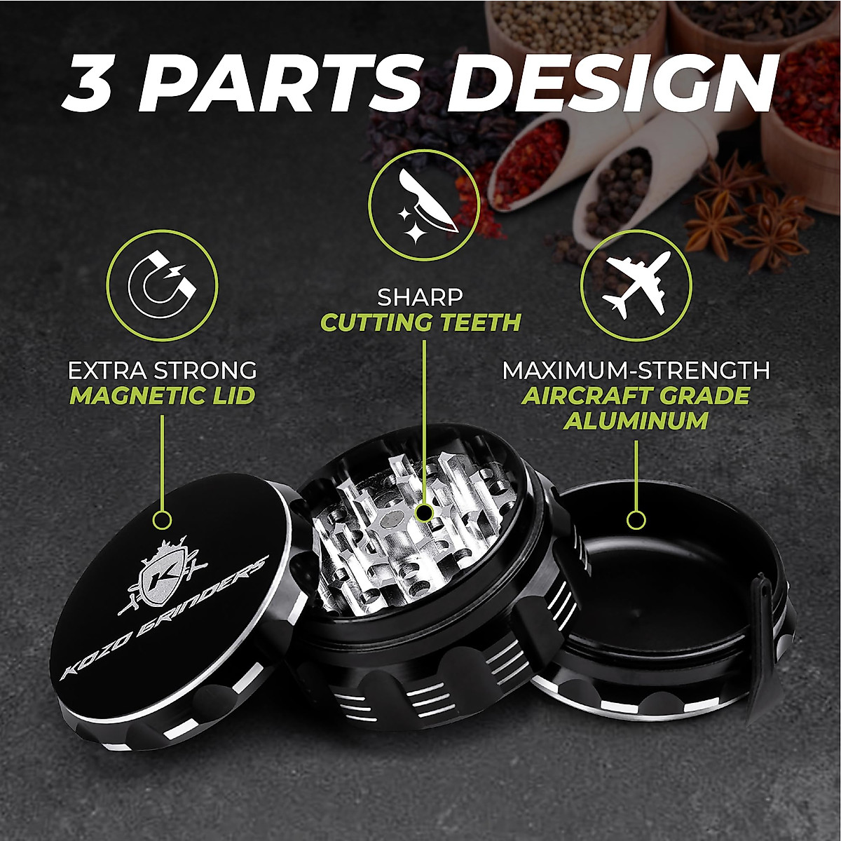 Kozo 2.5 Inch Grinder Mills, Aluminum (Black)