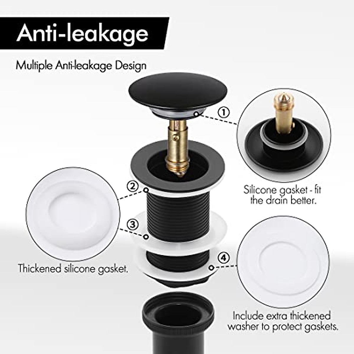 KES Bathroom Sink Drain Without Overflow Sink Drain Stopper Matt Black Pop Up Drain, All Metal Rustproof Brass and 304 Stainless Steel, S2008D-BK