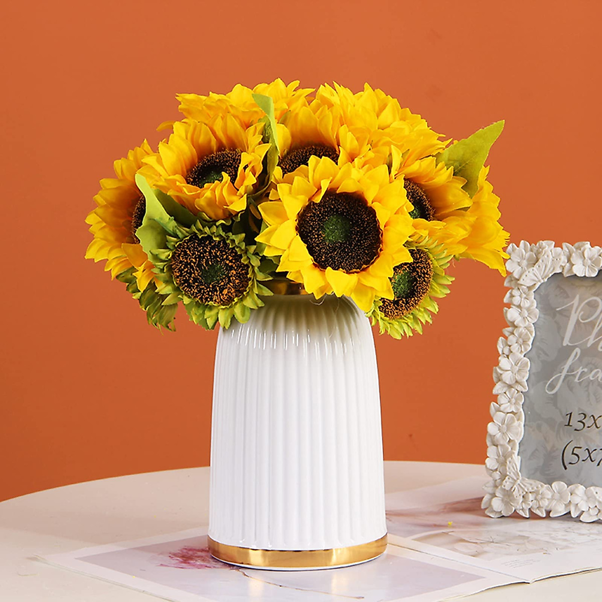 MIZZLES 6pcs Artificial Sunflowers, Long Single Stem Realistic Silk Fake Sunflower Decoration for Home Hotel Office Wedding Party Garden