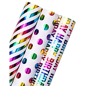 WRAPAHOLIC Birthday Wrapping Paper Roll - Mini Roll - 3 Rolls - 17 inch x 120 inch Per roll - Colorful Foil Birthday Design for Party, Holiday, Baby Shower