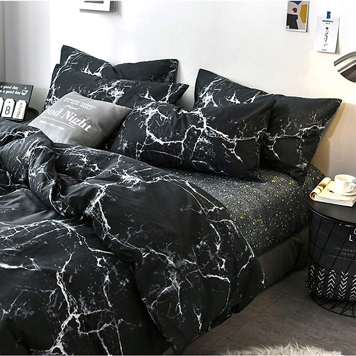 Houseri Black Marble Comforter Set Queen Size, All Season 3 Piece Black and Grey Artistic Bedding Sets Queen Lightweight Breathable Men Women Boys Girls Soft Comfy Bed Quilt Blanket Comforters Queen