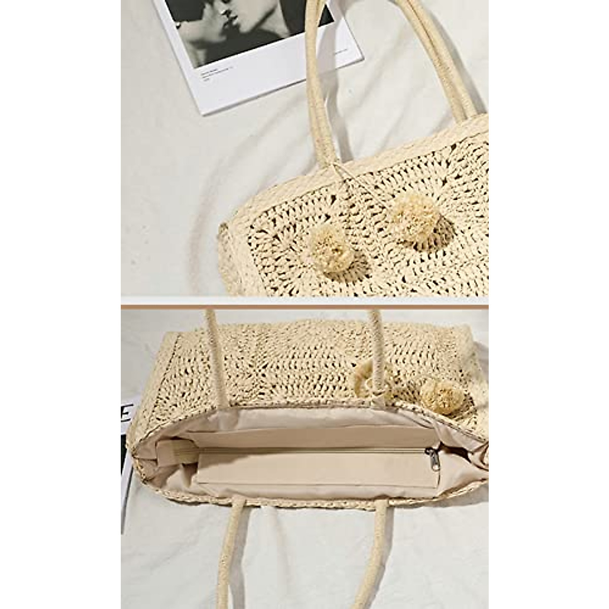 Women’s Handwoven Straw Beach Bag Chic Purse Summer Vocation Straw Tote Handbag Lightweight Hobo Tote