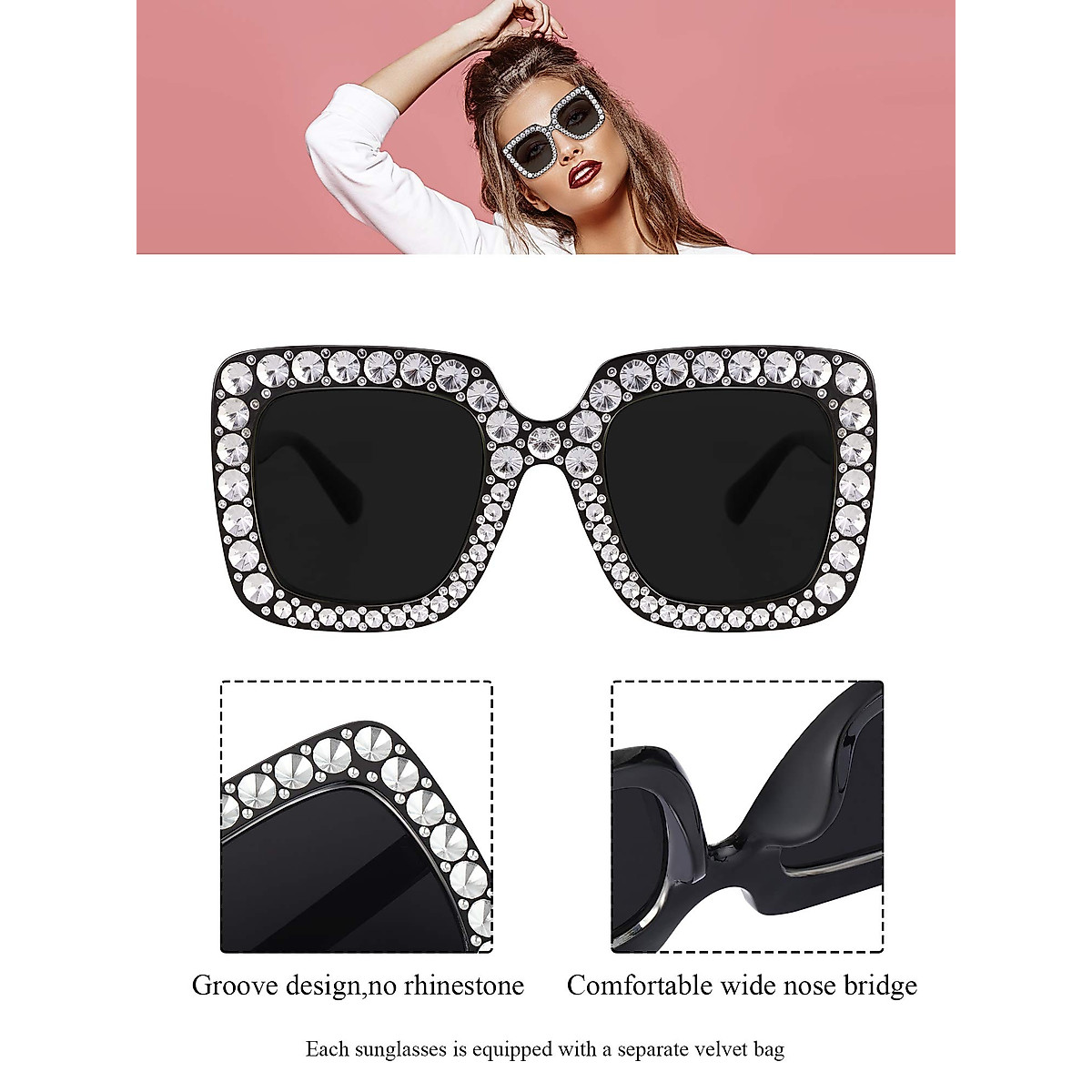 Frienda Oversize Square Sparkling Sunglasses Retro Thick Frame Sunglasses (Light Yellow, Clear Pink, Gray, Pink, 4 Pieces)