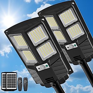 RKLAMPTECH Solar Street Lights Dusk to Dawn Solar Parking Lot Lights with Motion Sensor Remote Control, Commercial Solar Lights for Outside, Backyard, Garage, Farm, Garden - 2 Pack - 400W
