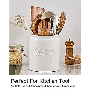 Getstar Utensil Holder for Kitchen Counter (7.2” x 6.2”) , Large Kitchen Utensil Holder with Protective & Non-Slip Cork Mat, Ceramic Cooking Utensil Holder (White)