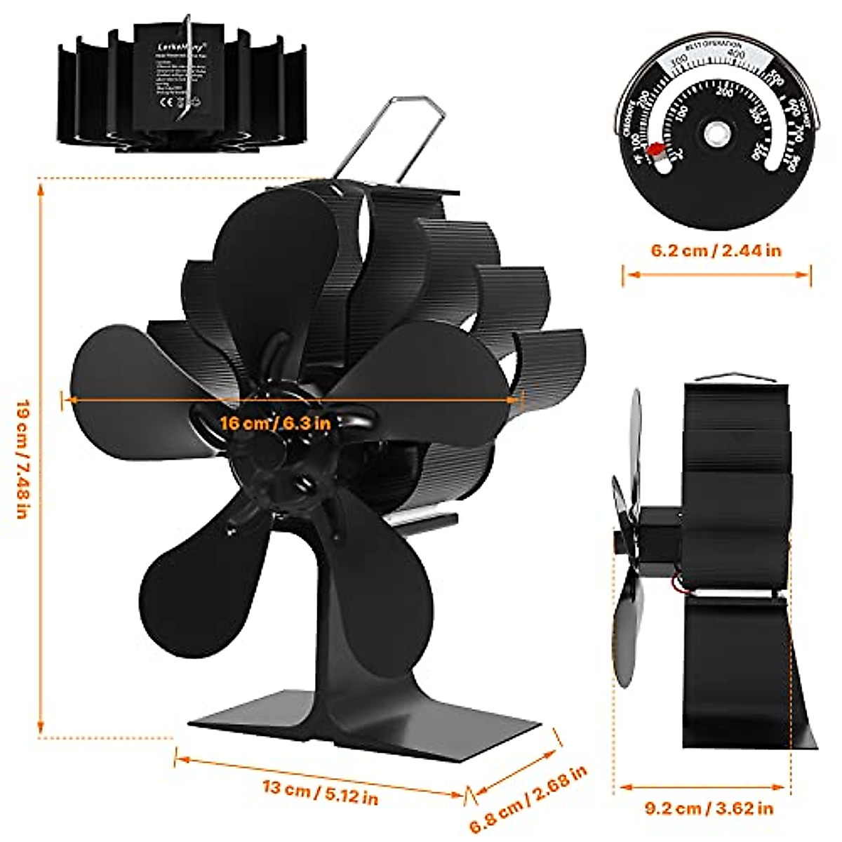 LerkeHony Wood Stove Fan Heat Powered, Fireplace Fan with Thermometer, Circulating Warm Air Saving Fuel Efficiently, for Wood/Log Burner/Fireplace, 5-Blade