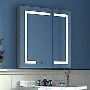 ExBrite LED Lighted Bathroom Medicine Cabinet with Mirror, 30 x 32 Inch, Recessed or Surface led Medicine Cabinet, Clock, Room Temp Display,Defog,Stepless Dimming,3-Color Temper Change, Outlets & USBs