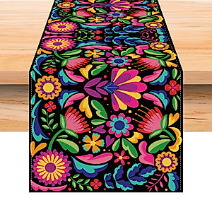 Linen Mexican Fiesta Table Runner 72 Inches Long Cinco De Mayo Tablecloth Dia De Los Muertos Decor Day of The Dead Decoration and Supplies for Home
