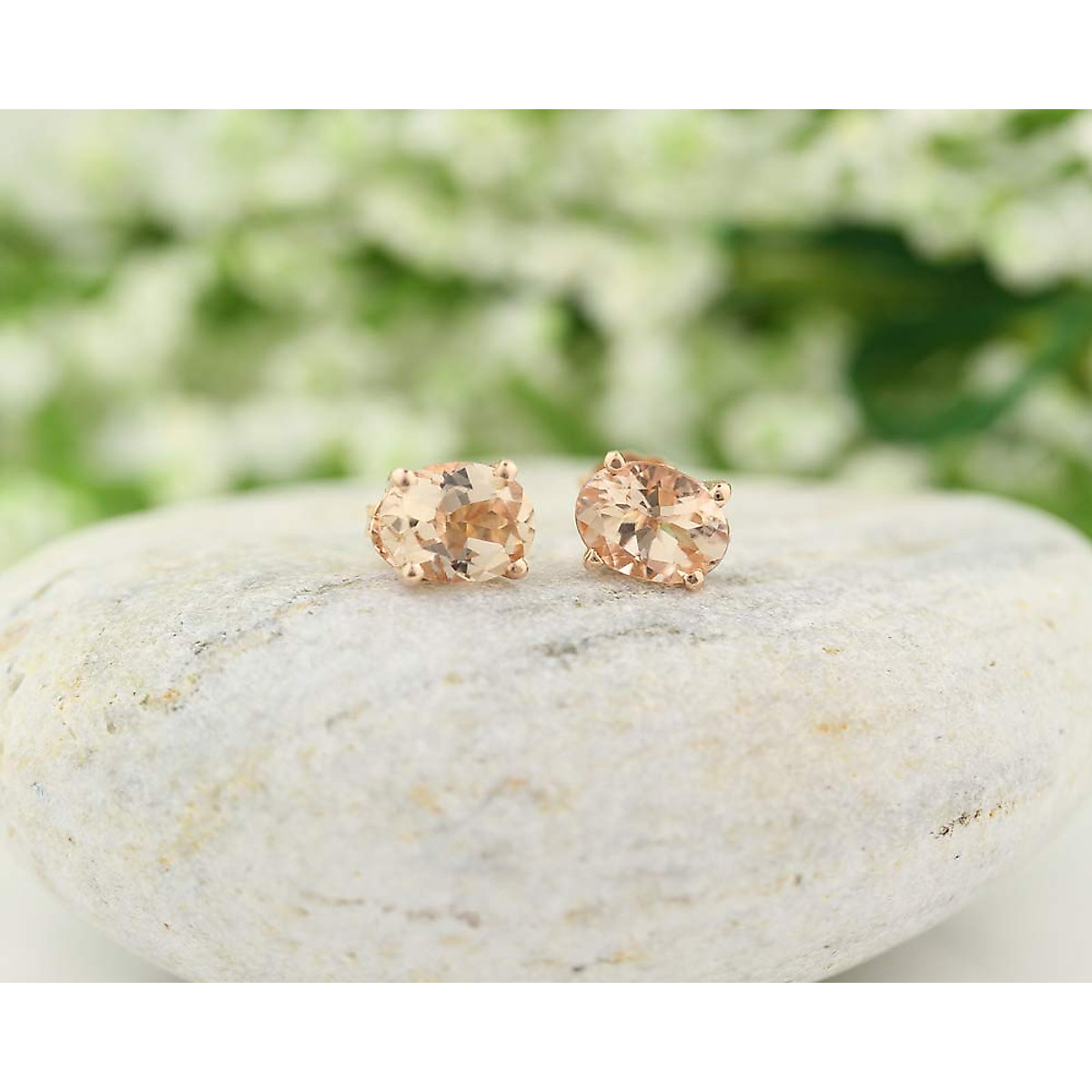 Solid 14k Rose Gold Natural Morganite Stud Earrings (8x6mm Oval) (rose-gold)