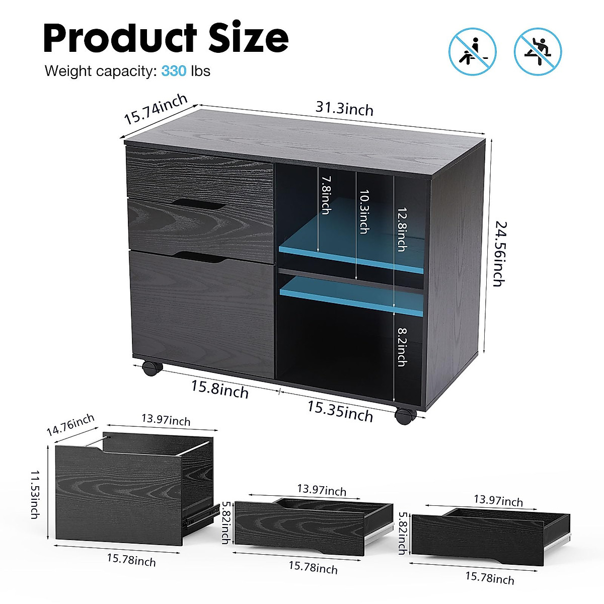 OLIXIS 3 Drawer Wood File Cabinet Small Mobile Lateral Printer Stand Storage with Open Shelf Shelves for Home Office