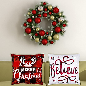 Christmas Pillow Covers 18x18 Set of 4 Winter Throw Pillow Covers Holiday Buffalo Plaid Pillow Covers Merry Christmas Pillows for Couch Sofa Home Decor Xmas Cushion Covers Indoor Decor Thicker
