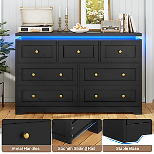 AOGLLATI Dresser for Bedroom, Black Dresser with 7 Drawers, Dressers & Chest of Drawers, Modern Led Wide Long Bedroom Dresser with Top Floating Design for Bedroom Hallway,Black