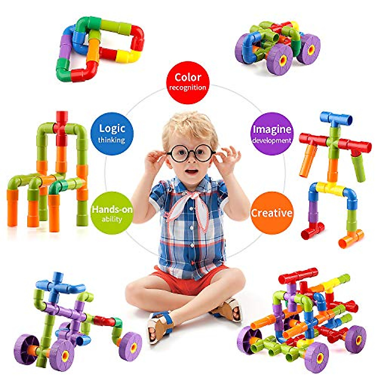 Joqutoys STEM Building Blocks Toy, 72 Pieces Creative Pipe Tube Sensory Toys, Construction Set Build Bicycle, Tank, Scootie, Motor Skills Endless Design Educational Learning Toys for Kids Aged 3+