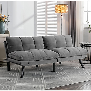 Modern Velvet Futon Couch Bed,Convertible Loveseat Sofa Sleeper with Adjustable Backrests and Folding Armrest for Living Room Bedroom Office Apartment(Light Grey)