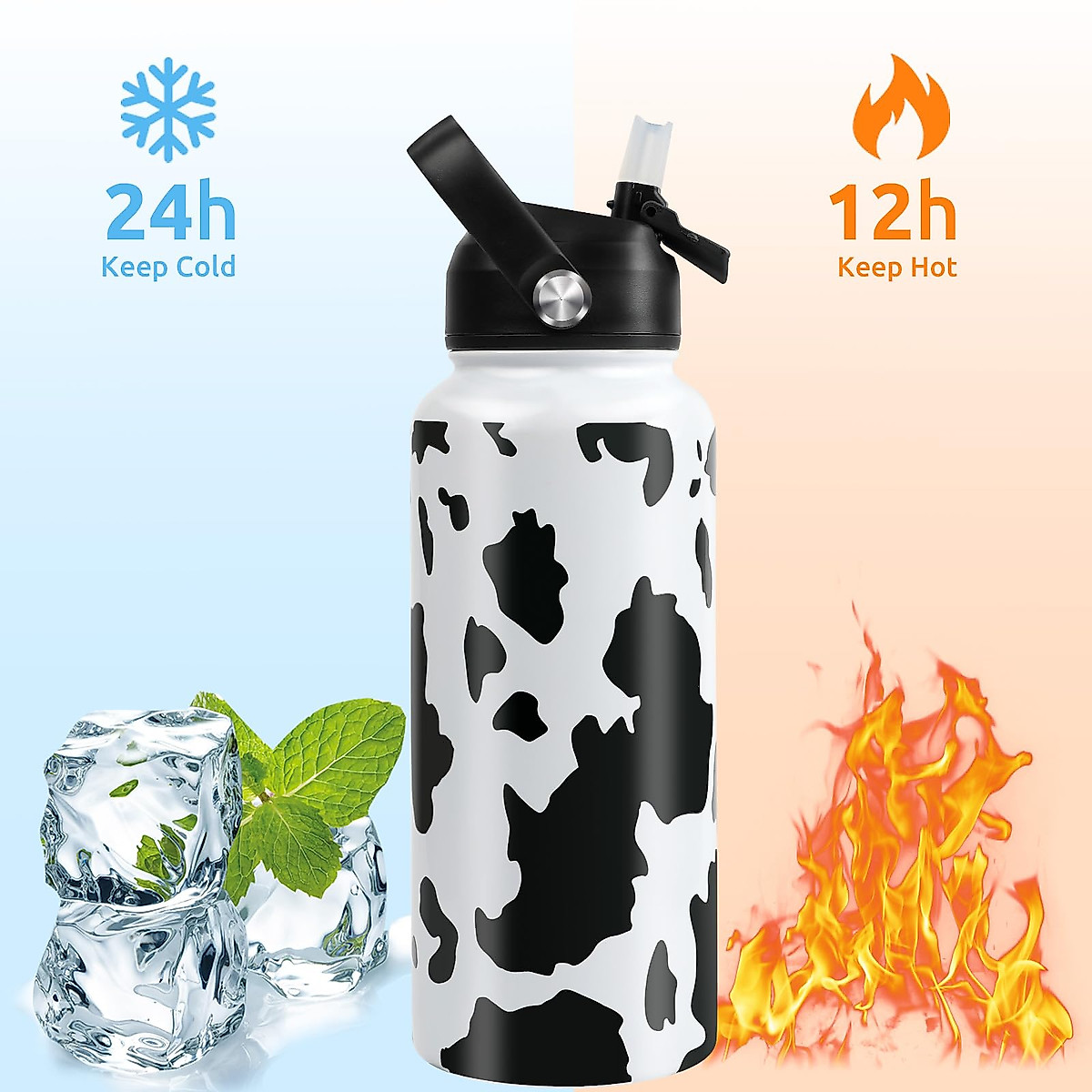OINSOES 32oz Cow Print Insulated Sports Water Bottle - Leakproof and BPA Free Stainless Steel Thermos with Straw & Spout Lids for Hot & Cold Drinks - Double Walled Vacuum Cup Jug - Perfect Gifts