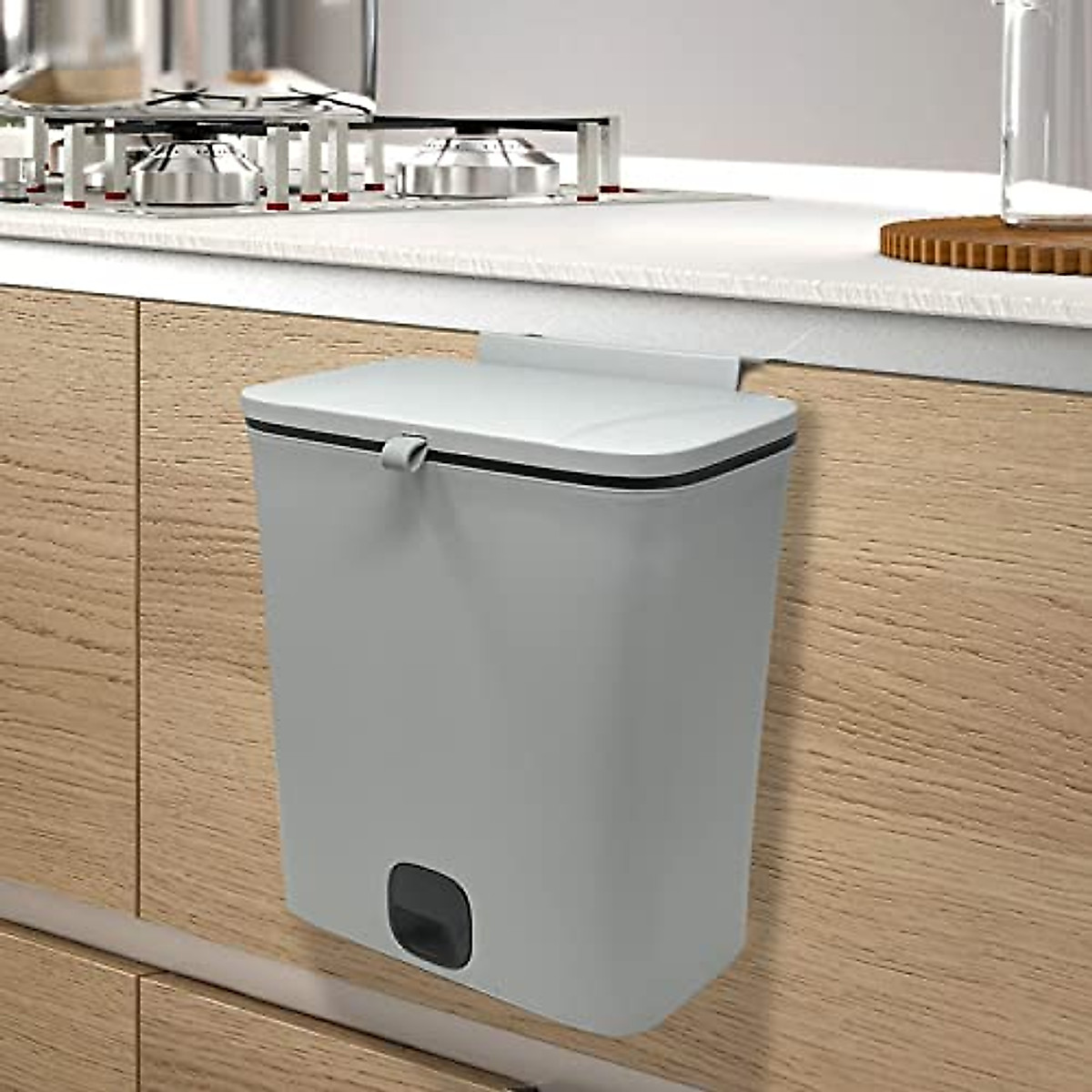 KSEV 2.6 Gallon Kitchen Hanging Trash Bin with Lid and Trash Bag Compartment, (2 Way Slide Open) Mountable Garbage Compost Can for Counter Top, Under Sink, Cabinet Door, Bathroom, RV, Pontoon (Gray)