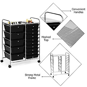 Giantex Rolling Storage Cart with 15 Drawers, Mobile Book Paper Organizer Tools Trolley with Wheels, Ideal for School, Office, Home (Black)