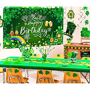 Ushinemi St Patricks Day Birthday Decorations, St. Patrick's Day Happy Birthday Backdrop Banner, Lucky Clover Shamrock Gnome Birthday Party Background 6 x 3.6 ft