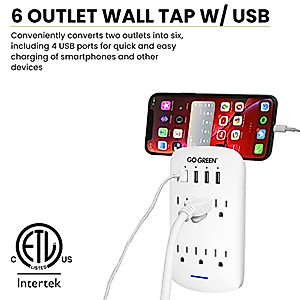 GoGreen Power (GG-16000USB4) 6 Outlet 2.4 AMP USB Wall Tap Adapter with USB Ports and Surge Protection, 735 Joules Surge Rating, White