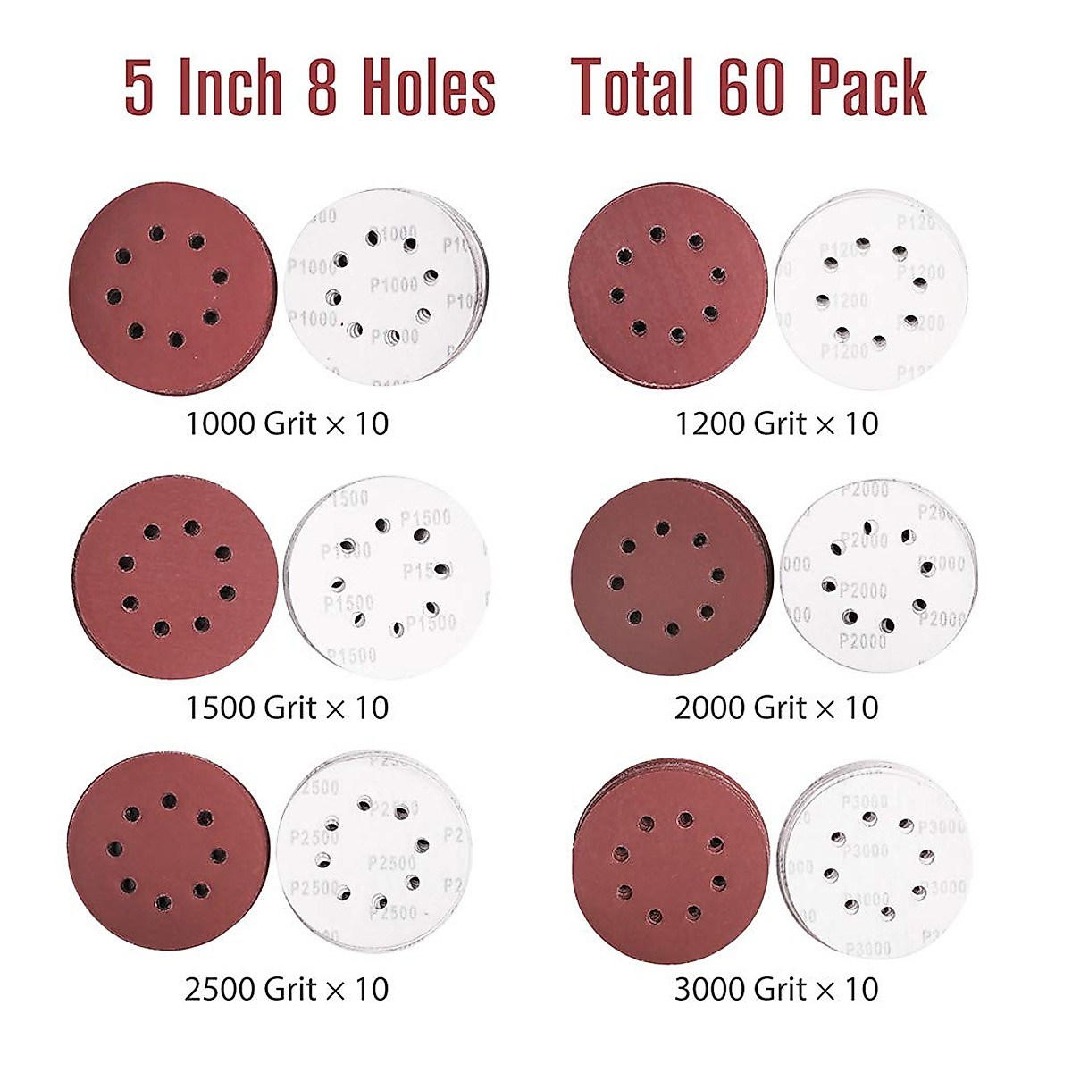 LotFancy 5 Inch 8 Hole Sanding Disc - 60PCS 1000 1200 1500 2000 2500 3000 Grit Assorted, Random Orbital Sander Pads, Hook and Loop Sandpaper