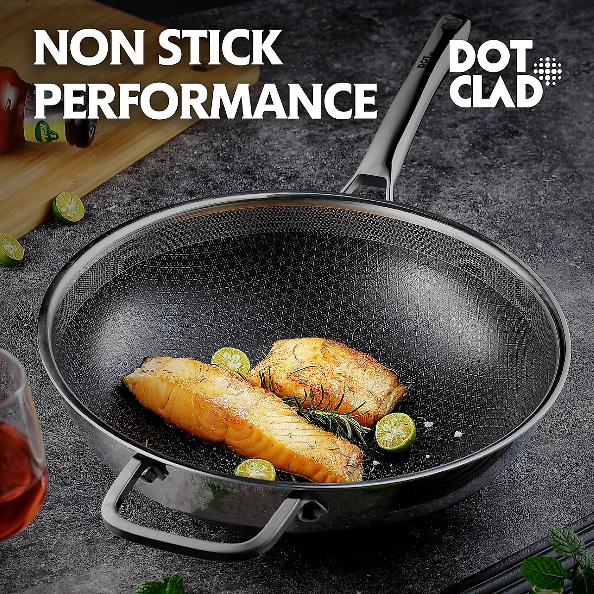 DOTCLAD Wok pan,Hybrid 12 inch Wok with Lid, PFOA Free Cookware,non stick Stainless Steel Woks & Stir-fry pans Nonstick, Dishwasher and Oven Safe, Works on Induction