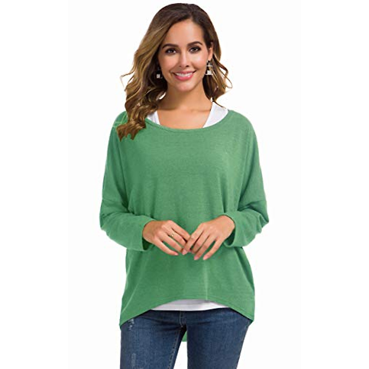 UGET Women's Oversized Baggy Off Shoulder Long Batwing Sleeve Loose Fitting Pullover Casual Comfy Fall T-Shirt Sweaters Tops XX-Large Light Green X-Large Light Green
