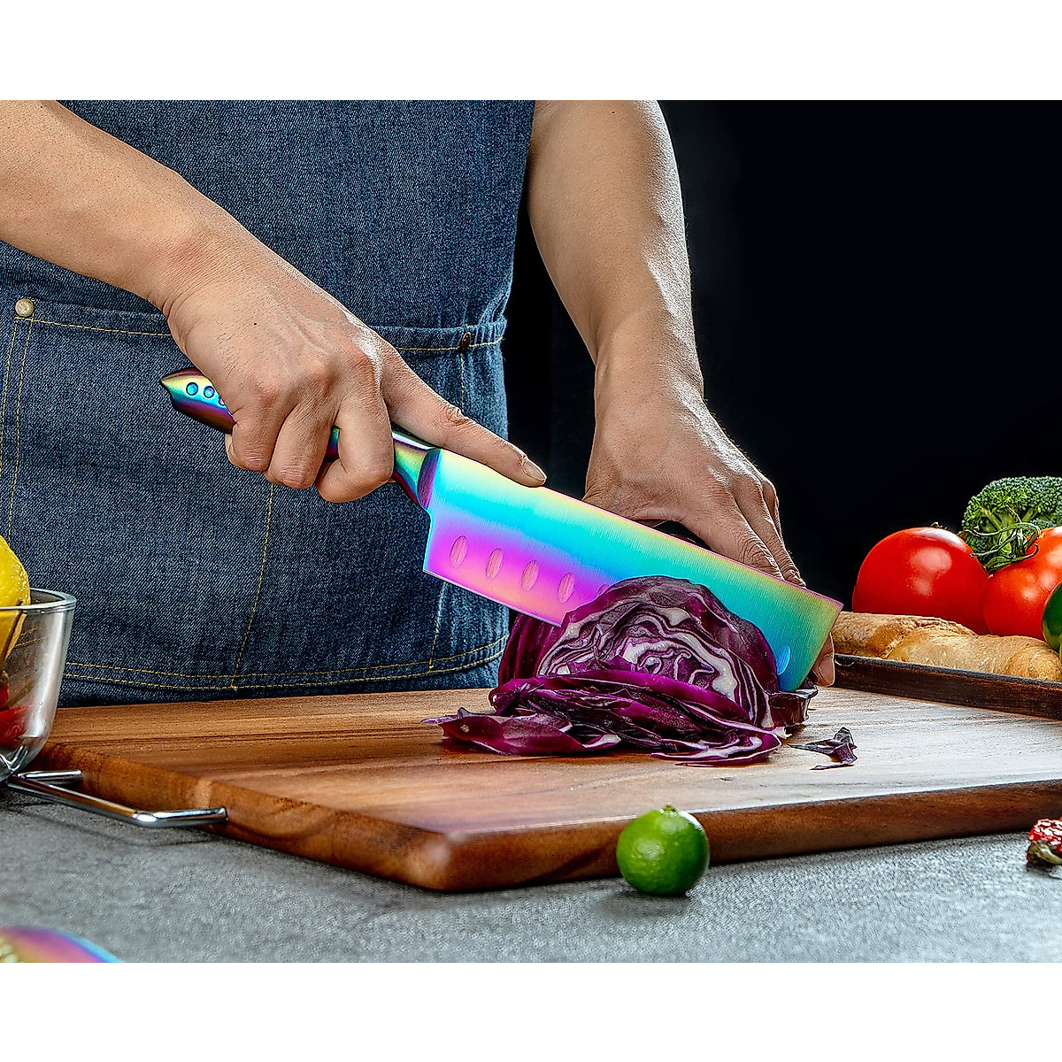 WELLSTAR Nakiri Knife 7 Inch, Razor Sharp German Stainless Steel Meat Vegetable Cleaver, Multi-purpose Asian Kitchen Knife for Home Chef’s Cooking with Rainbow Titanium Coating, Strong Durable Handle