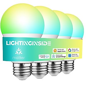Lightinginside Matter Smart Light Bulbs Compatible with Alexa/Siri/Apple Home/Google Home/SmartThings, A19 E26 WiFi RGBCW Color Changing Light Bulb 60W Equivalent 800LM 9W, 2.4G WiFi, ETL Listed, 4PCS