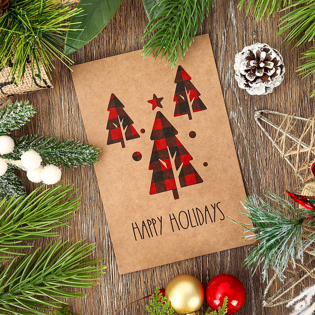 AnyDesign 30 Pack Christmas Greeting Cards 4 x 6 Kraft Note Cards Red Black Plaid Elk Snowflake Printed Blank Cards with Envelopes Matching Seal Stickers for Holiday Birthday All Occasions, 6 Design
