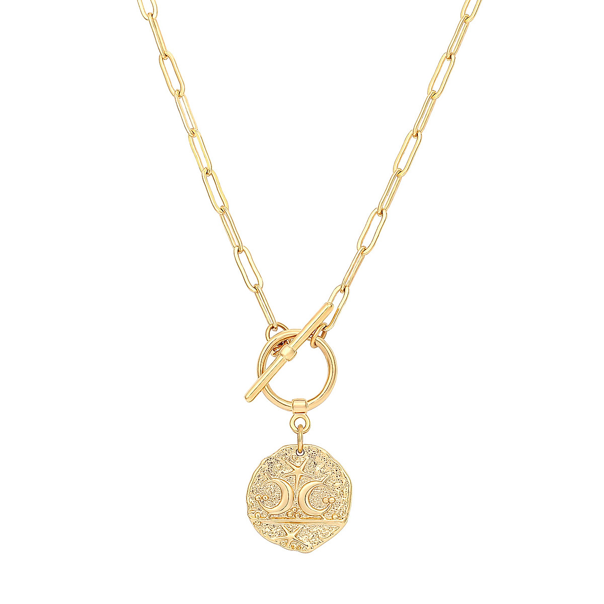 Aobei Pearl Moon and Star Medallion Pendant Necklace 18k Gold Oval Link Chain Choker Large Celestial Charm Layering Jewelry 20’’