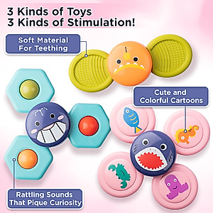 KayLe Spinning Top Sensory Toys for Toddlers - Suction Cup Baby Sensory Toy with Rattle - Bath Time & Playtime Fun -Ocean Animal Designs - Safe & Engaging Baby Toys