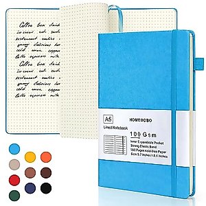 HOMEBOBO Journals for Writing, A5 Leather Dotted Notebook with 160 Pages, 100 Gms College Dot Grid Journal with Thick Paper, Hardcover with Inner Pocket & Pen Holder, Blue
